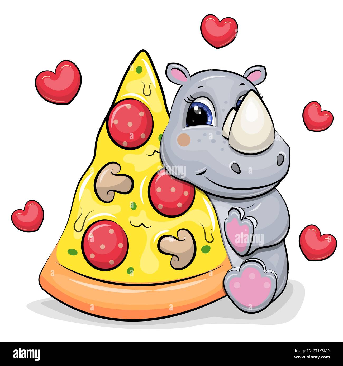 Cute cartoon rhino with a big piece of pizza. Vector illustration of ...