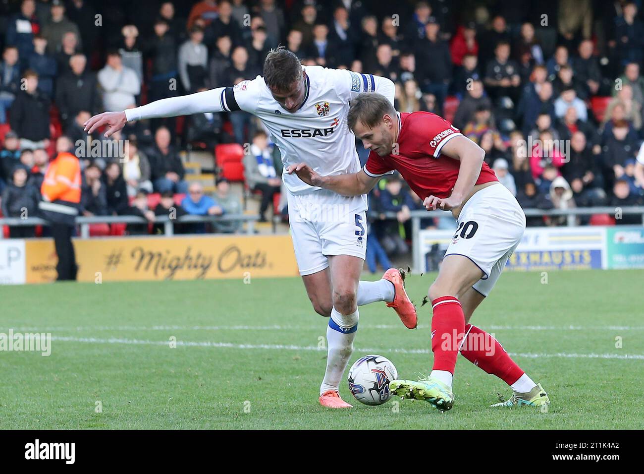 Crewe, UK. 14th Oct, 2023. Tom Davies of Tranmere Roversholds off ...