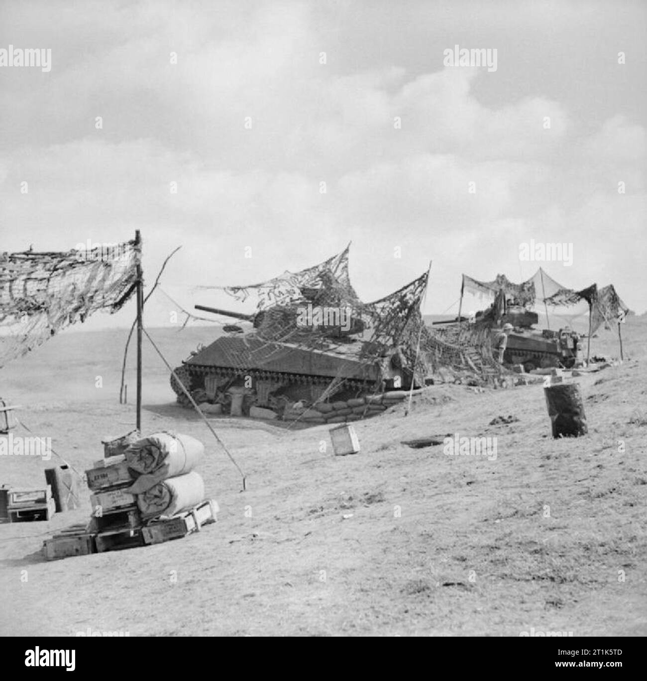 Sherman tanks in fixed positions under camouflage nets, in use as ...