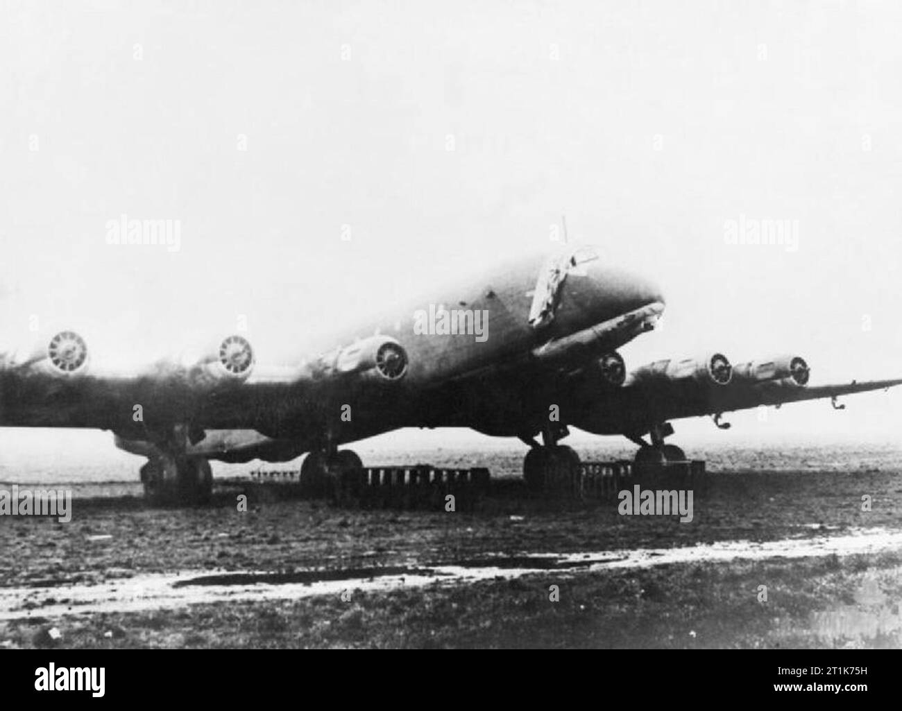 Ju 390 transport with six B.M.W. 801 engines. Pictured abandoned on a German airfield, the ...