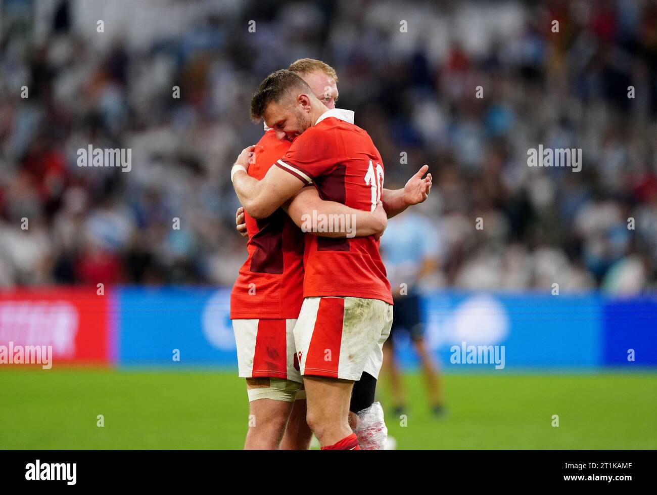 Wales' Tommy Reffell (left) and Dan Biggar on the pitch after the Rugby ...