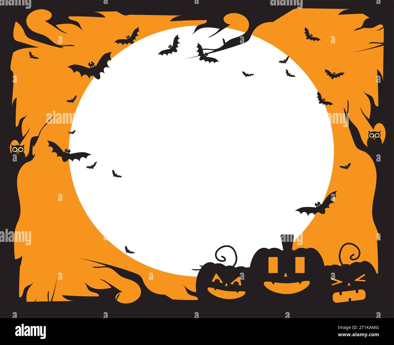 Happy Halloween banner, party invitation background with moonlight, bats and pumpkins. Orange ...