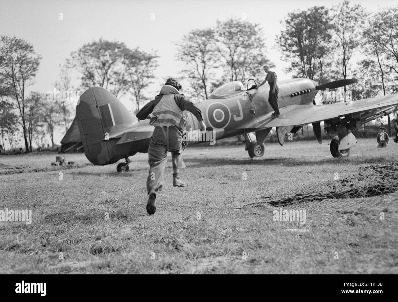 A pilot of No. 175 Squadron RAF scrambles to his waiting Hawker Typhoon ...
