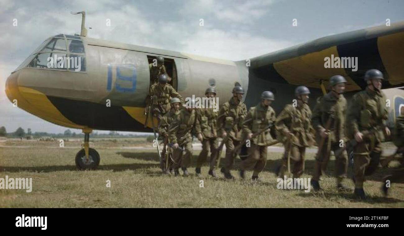 Paratroops leaving an Airspeed Horsa Glider DP288, a training aircraft ...