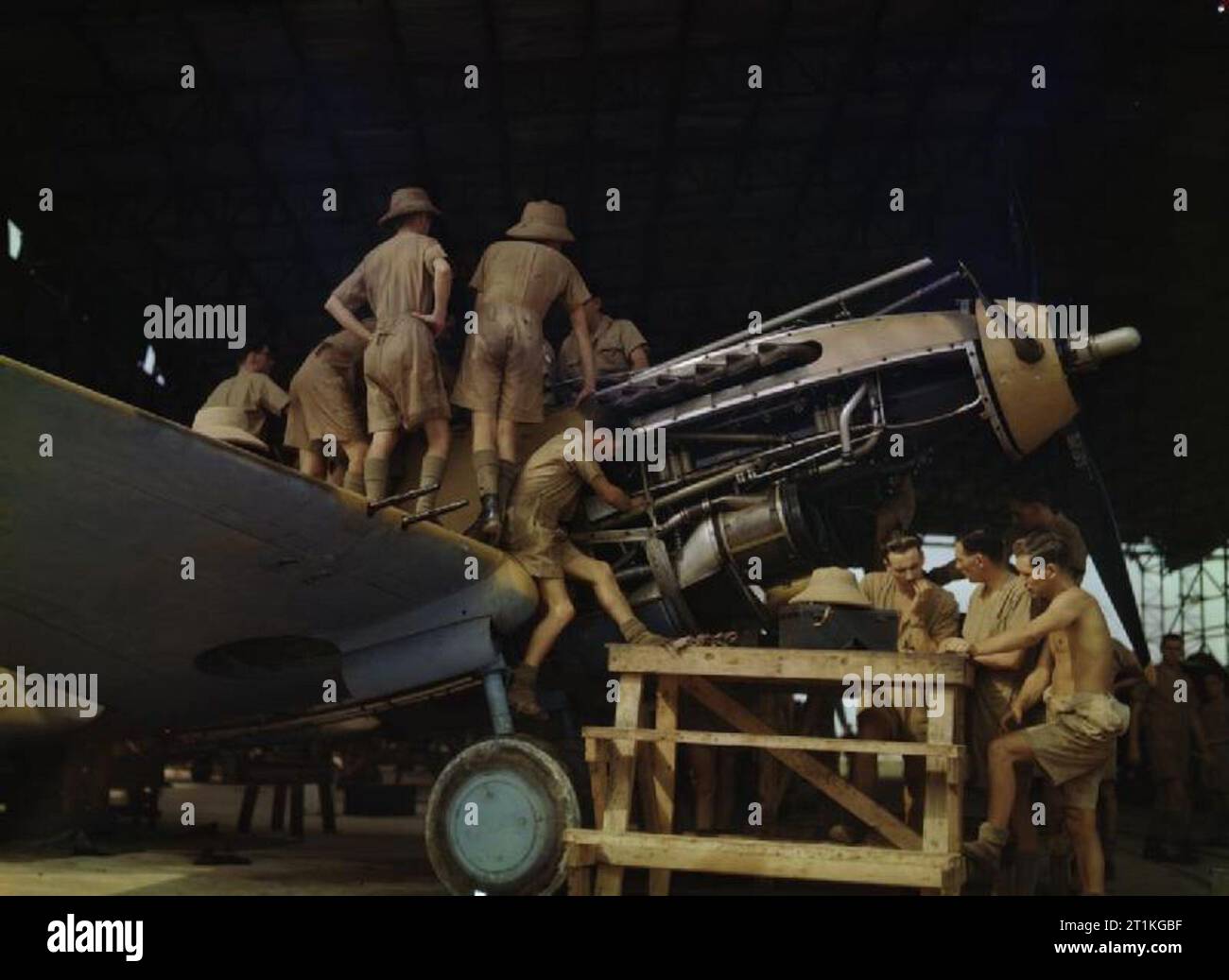 The Desert Air Force, 1943 Airmen in tropical dress work on the Allison ...