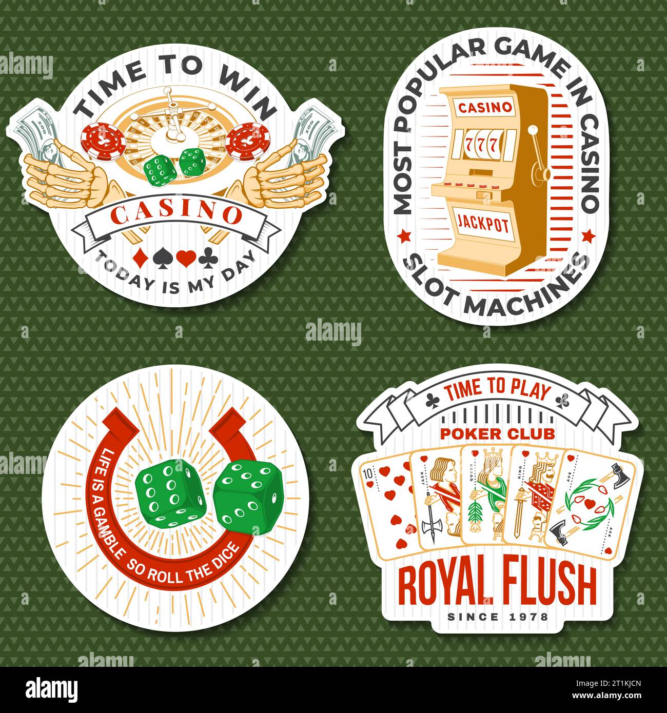 Gambling sticker, logo, badge design with wheel of fortune, two dice ...