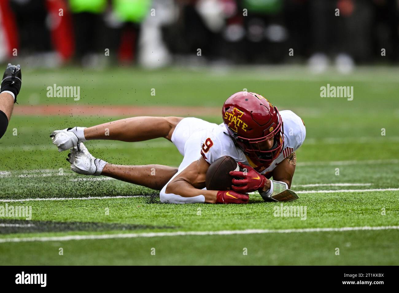 CINCINNATI, OH - OCTOBER 14: Iowa State WR Jayden Higgins (9) hits the ...