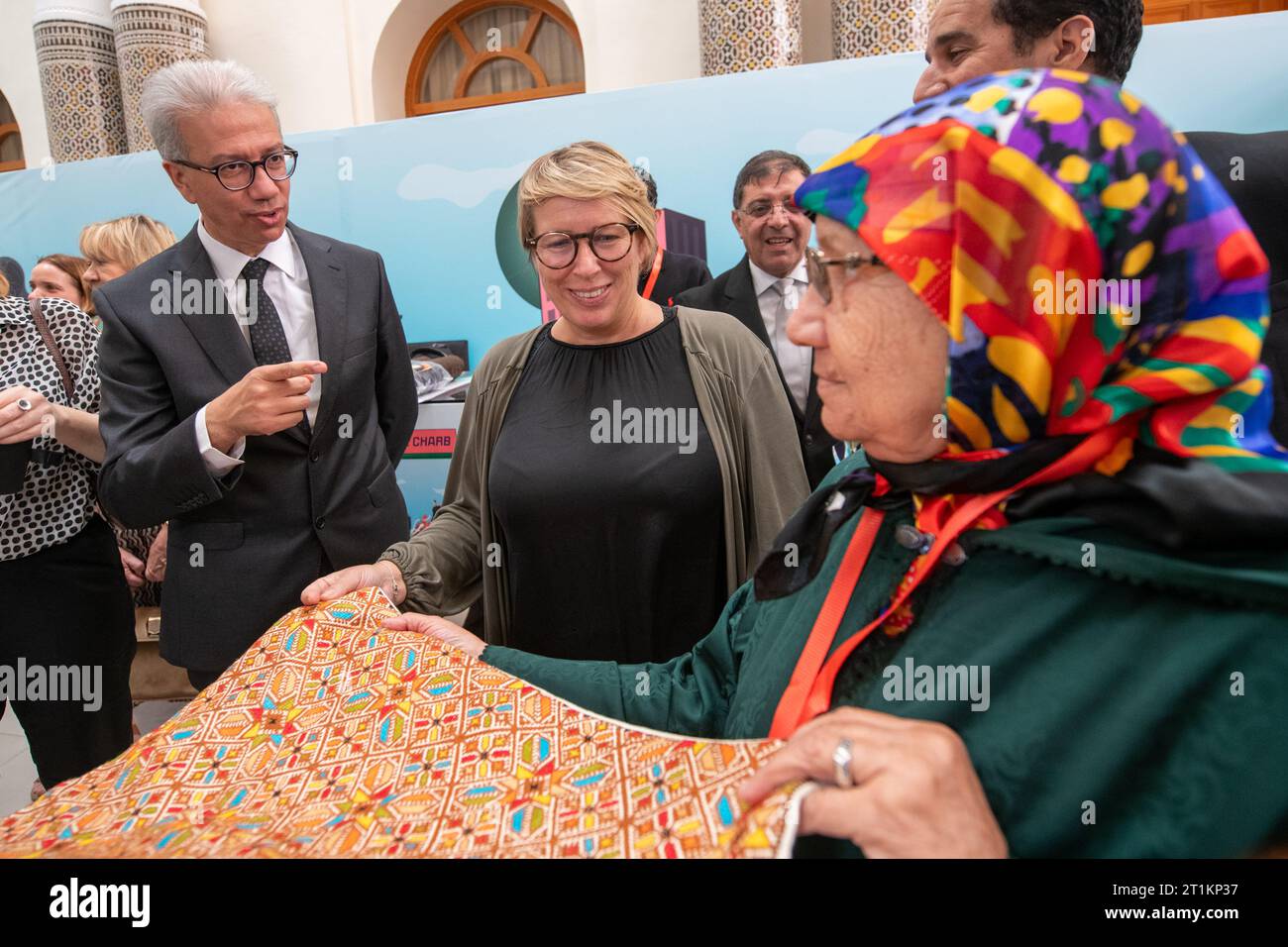 Marrakesh, Morocco. 14th Oct, 2023. Official envoy of King Mohammed VI Karim Kassi-Lahlou (L ...