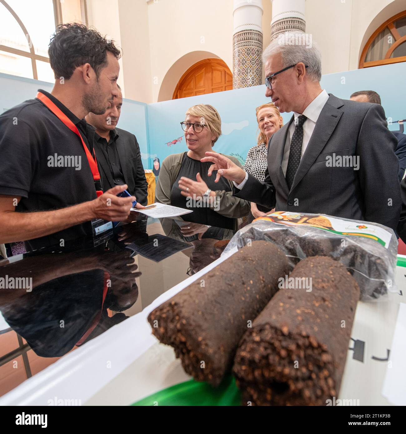 Marrakesh, Morocco. 14th Oct, 2023. Official envoy of King Mohammed VI Karim Kassi-Lahlou (R ...