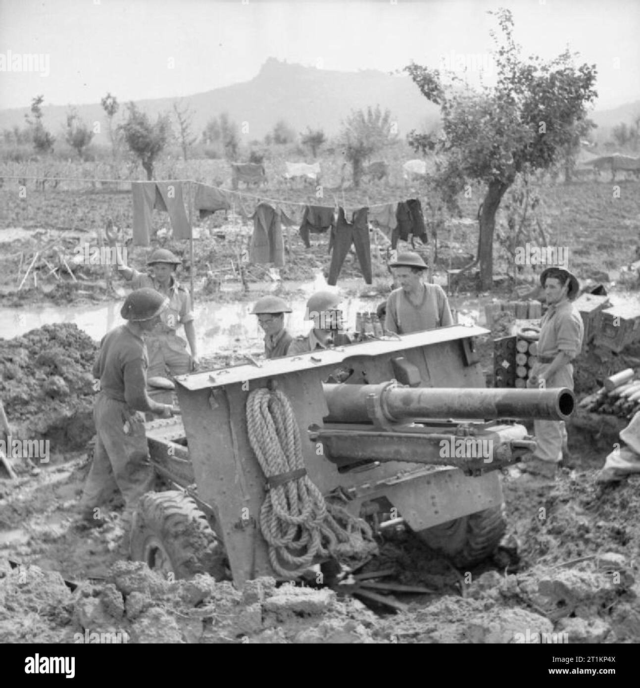 The British Army in Italy 1944 A 25pdr of 83/85 Battery, 11th Field Regiment in a waterlogged ...