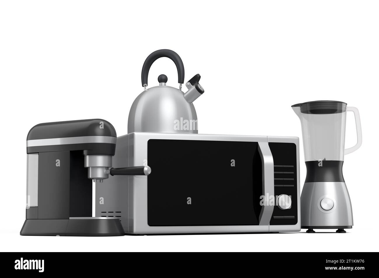 Electric kitchen appliances and utensils for making breakfast on white ...