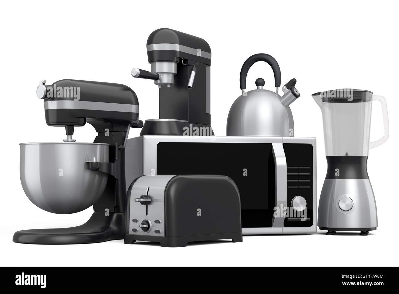Electric kitchen appliances and utensils for making breakfast on white ...