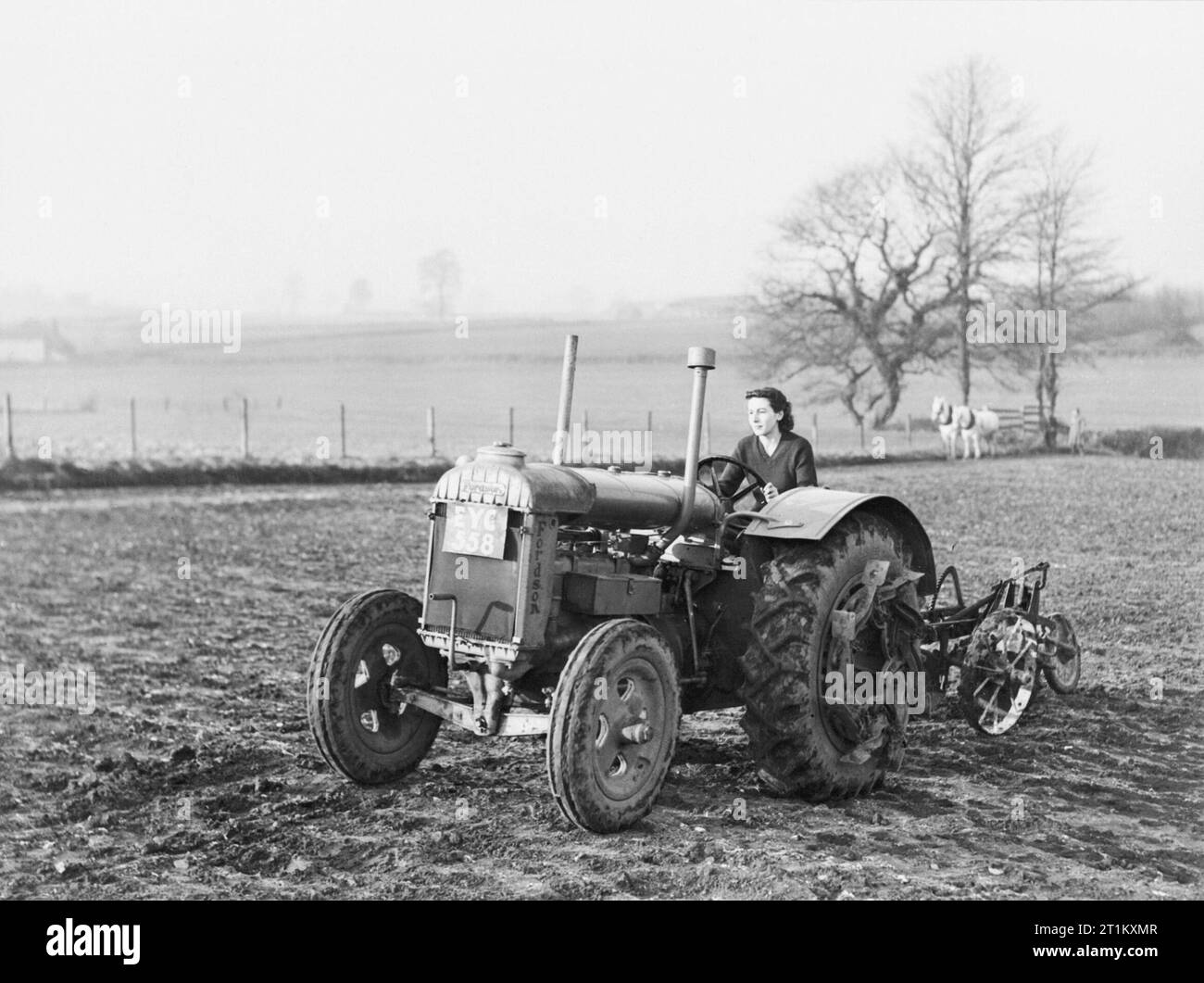 A Land Army girl using a Fordson tractor to plough a field at the ...