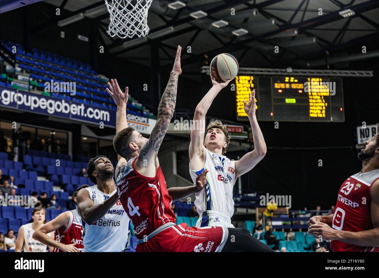 Mons, Belgium. 14th Oct, 2023. Antwerp's Roby Rogiers and Mons' Styrmir ...