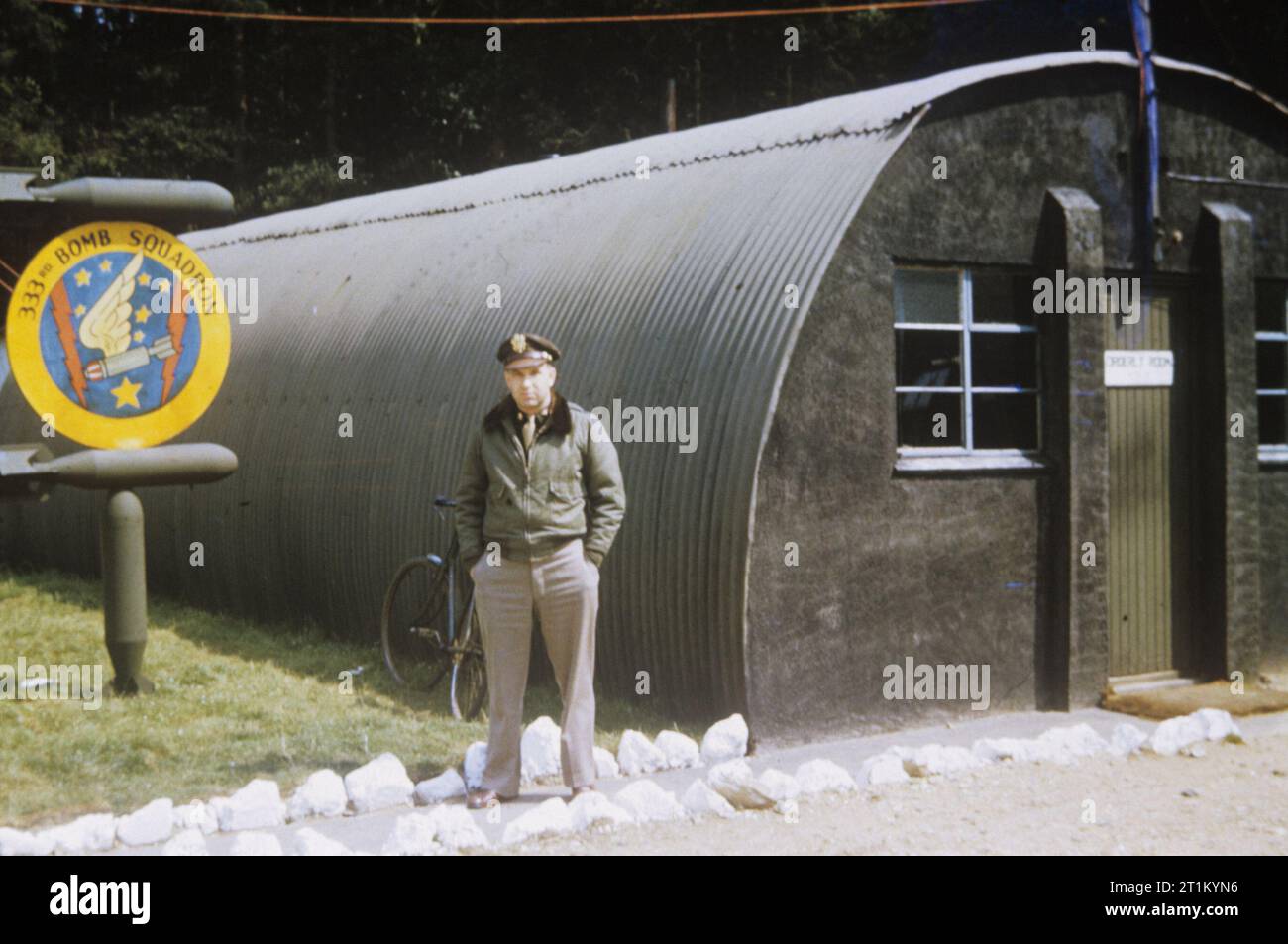 Major Byron Trent of the 94th Bomb Group outside a Nissen Hut at Bury ...