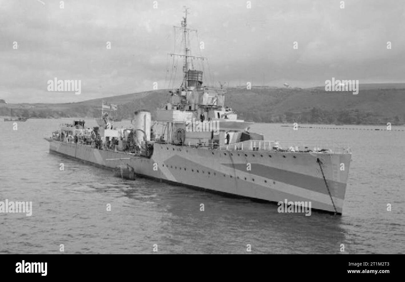 Royal Navy W-class destroyer HMS Watchman (D26) at anchor in Plymouth ...