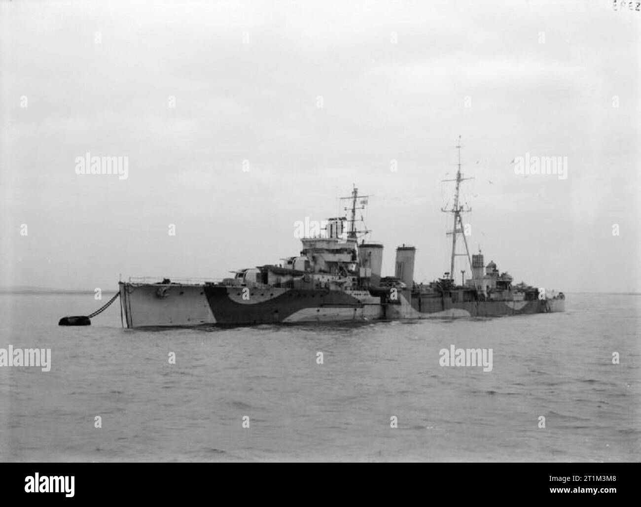 Royal Navy C-class light cruiser HMS Caledon at a buoy at Sheerness ...