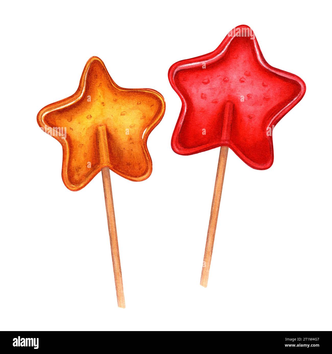 Yellow and red lollipops in the shape of star. Candies, bonbons, sugar ...