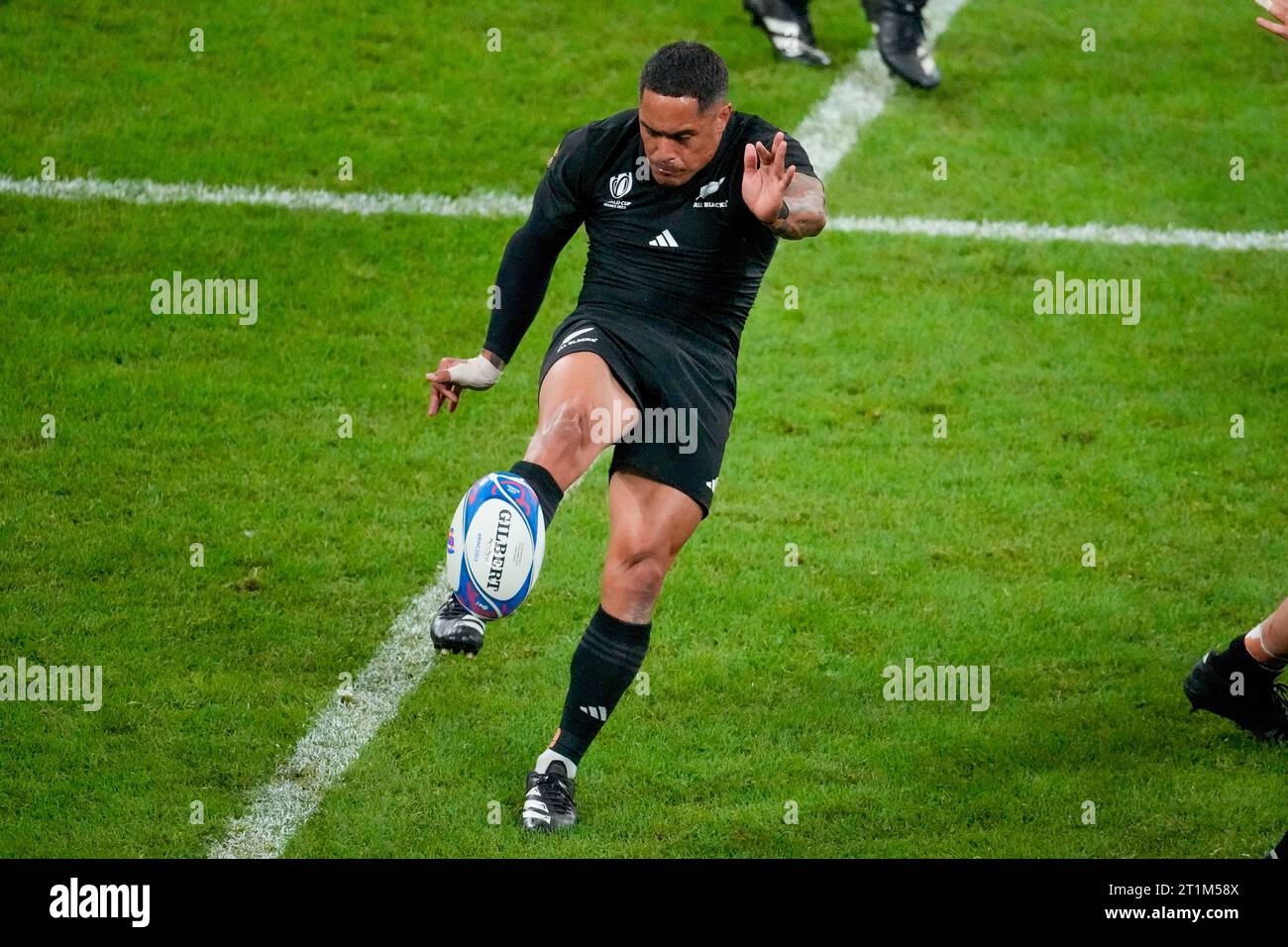 New Zealand's Aaron Smith kicks the ball during the Rugby World Cup ...