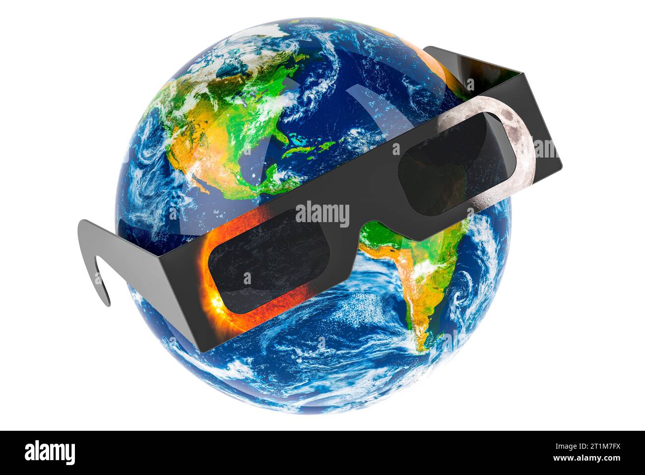 Earth Globe with solar eclipse glasses. 3D rendering isolated on white ...