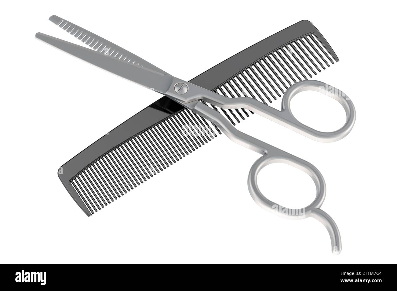Hair cutting scissors and comb crossed, 3D rendering isolated on white ...
