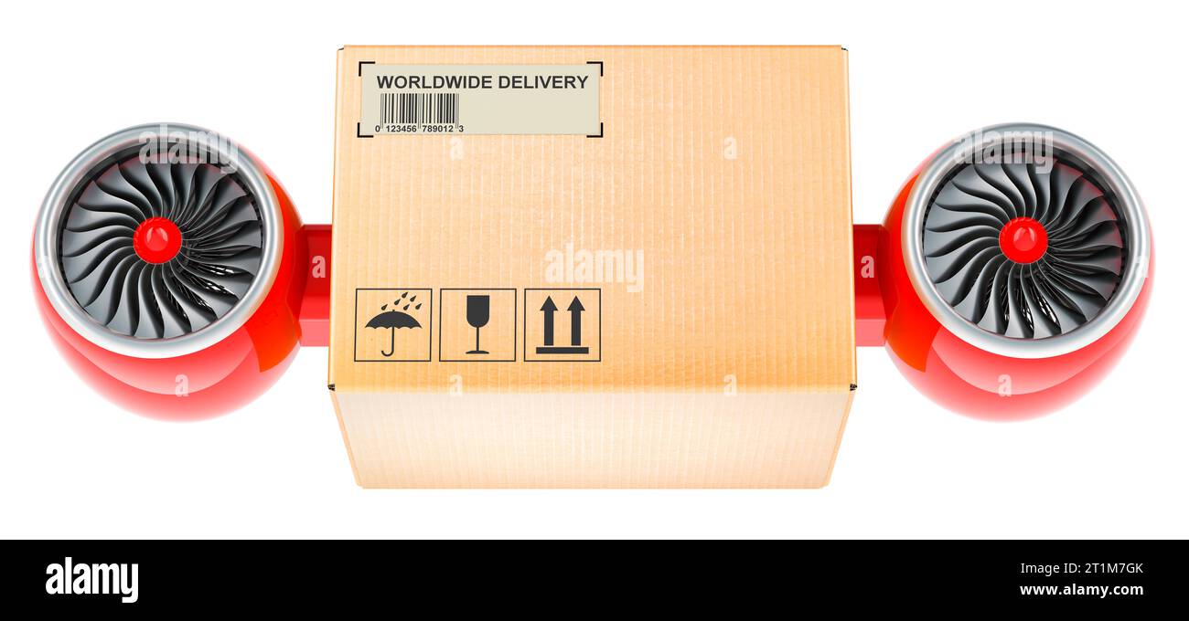 Fast delivery, concept. Parcel with jet engines. 3D rendering isolated ...
