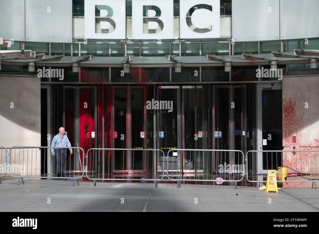 London, UK. 14 October, 2023. A member of staff inspects the BBC HQ ...