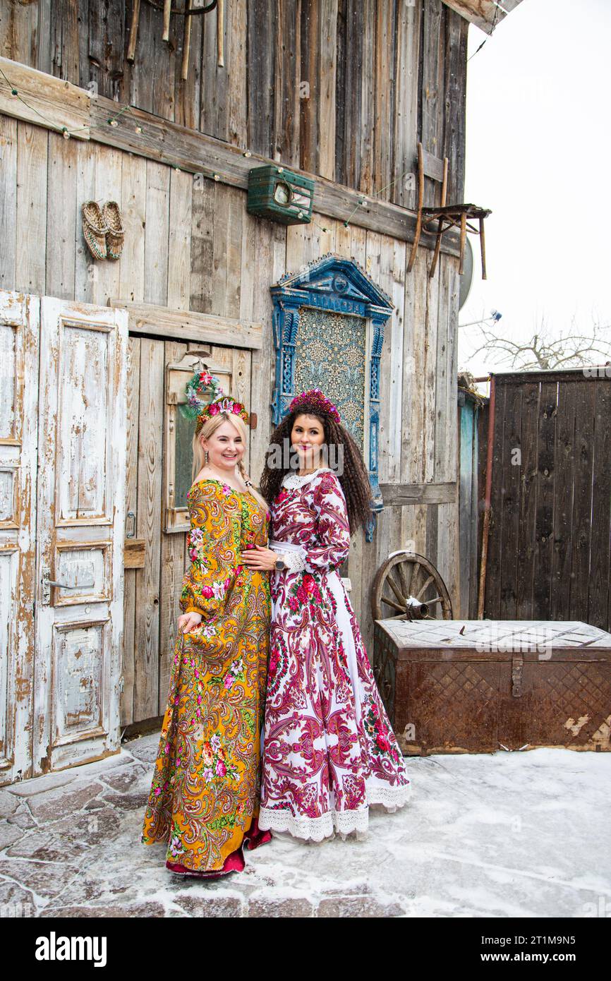 Russian girl in Russian national costumesof winter in a village Stock ...