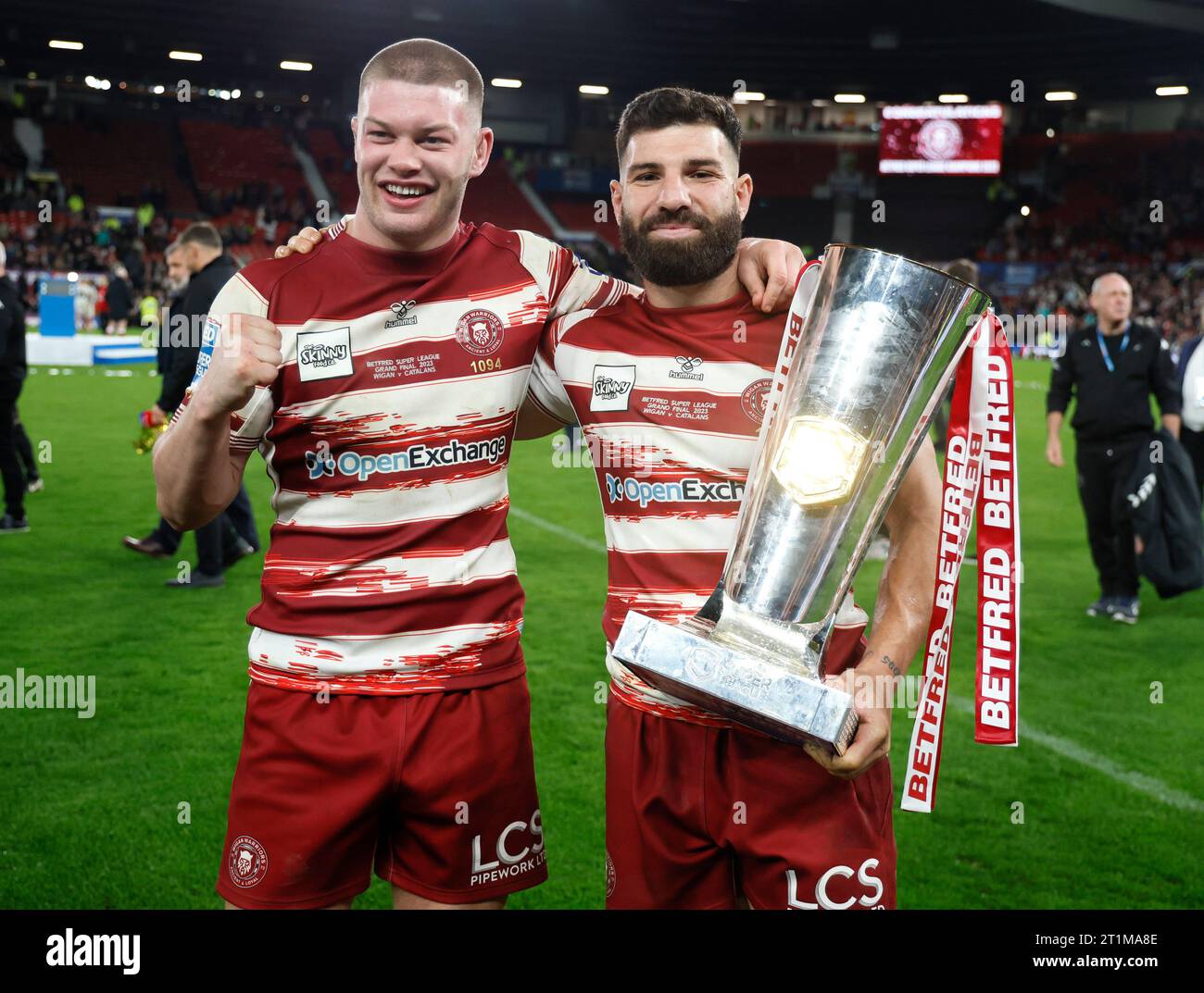 Wigan Warriors' Morgan Smithies and Abbas Miski (right) celebrate with ...