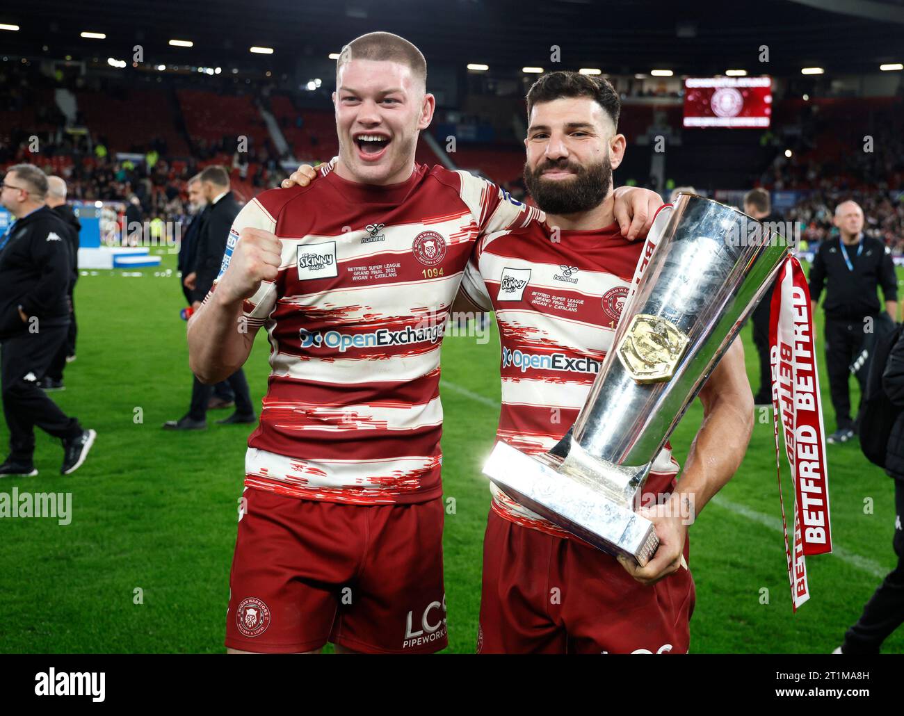 Wigan Warriors' Morgan Smithies and Abbas Miski (right) celebrate with ...