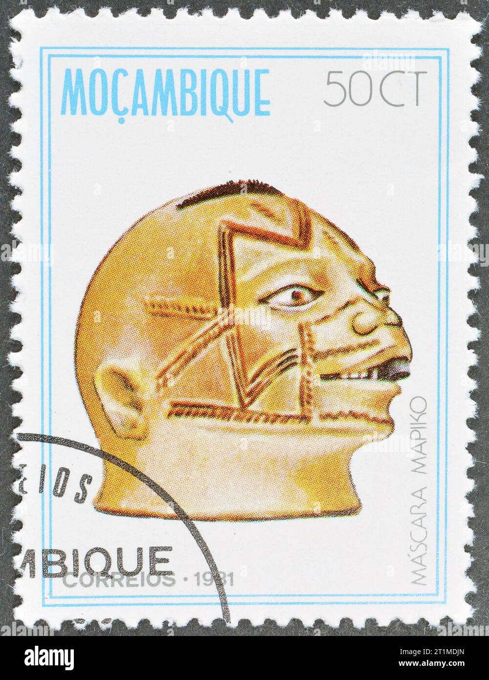 Cancelled postage stamp printed by Mozambique, that shows Mapiko Mask ...