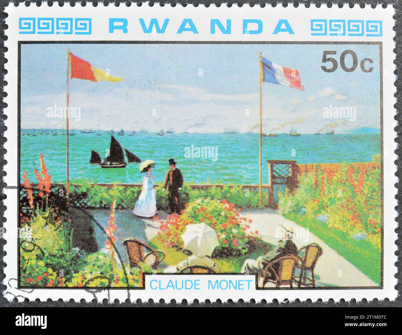 Cancelled postage stamp printed by Rwanda, that shows painting Seaside ...
