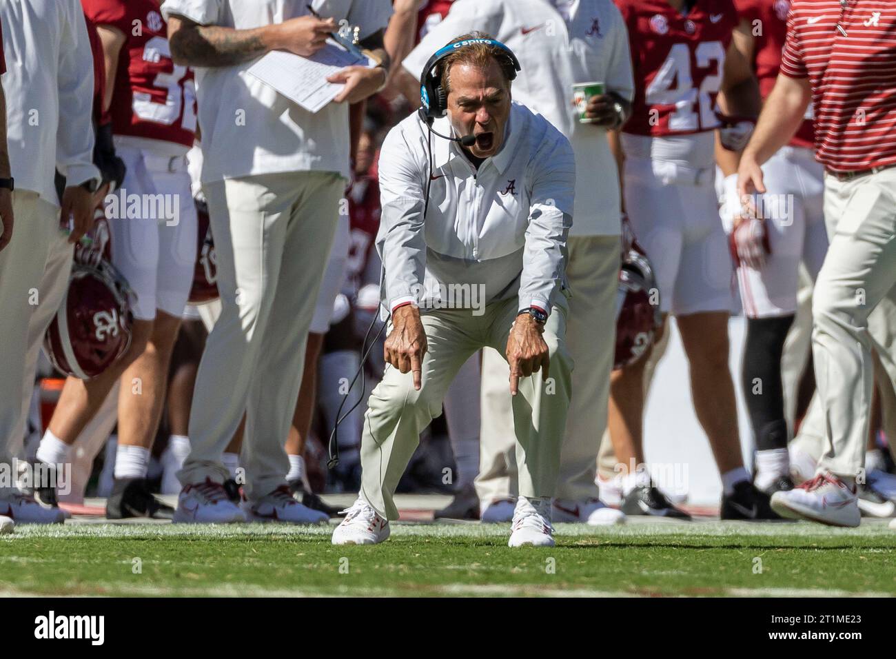 Alabama head coach Nick Saban gets animated on the team's final drive ...