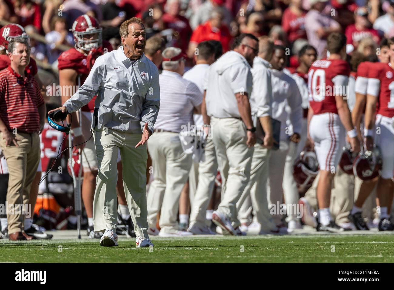 Alabama head coach Nick Saban gets animated on the team's final drive ...