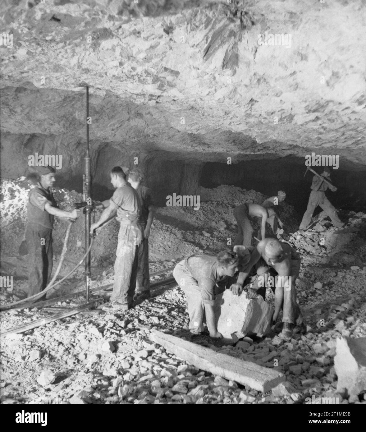 The British Army on Gibraltar 1941 Royal Engineer tunnellers using a water pressure drill to ...