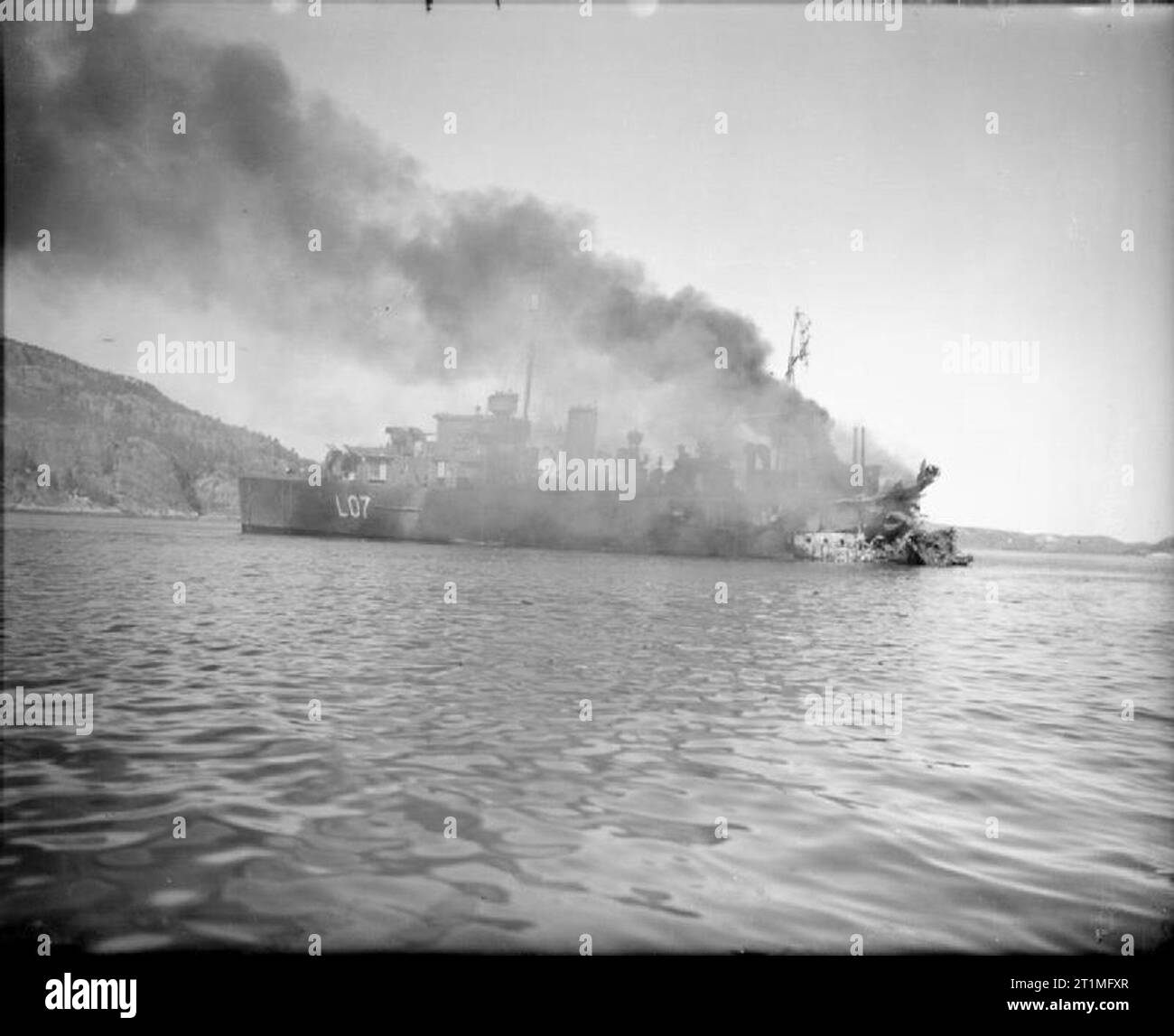 The Royal Navy during the Second World War HMS BITTERN ablaze in Namsos ...
