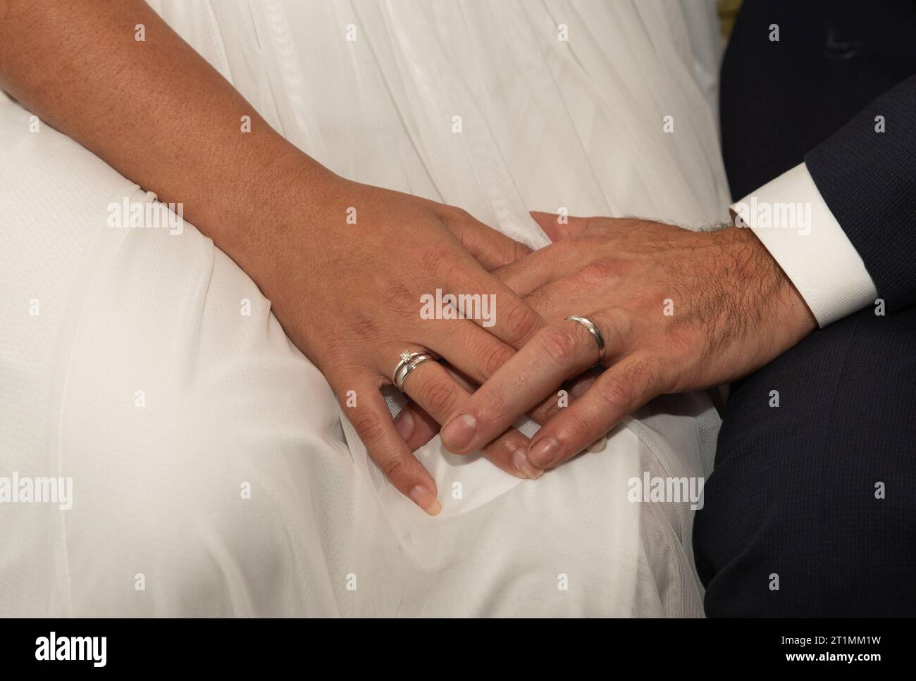 crossed hands with newlywed rings Stock Photo - Alamy
