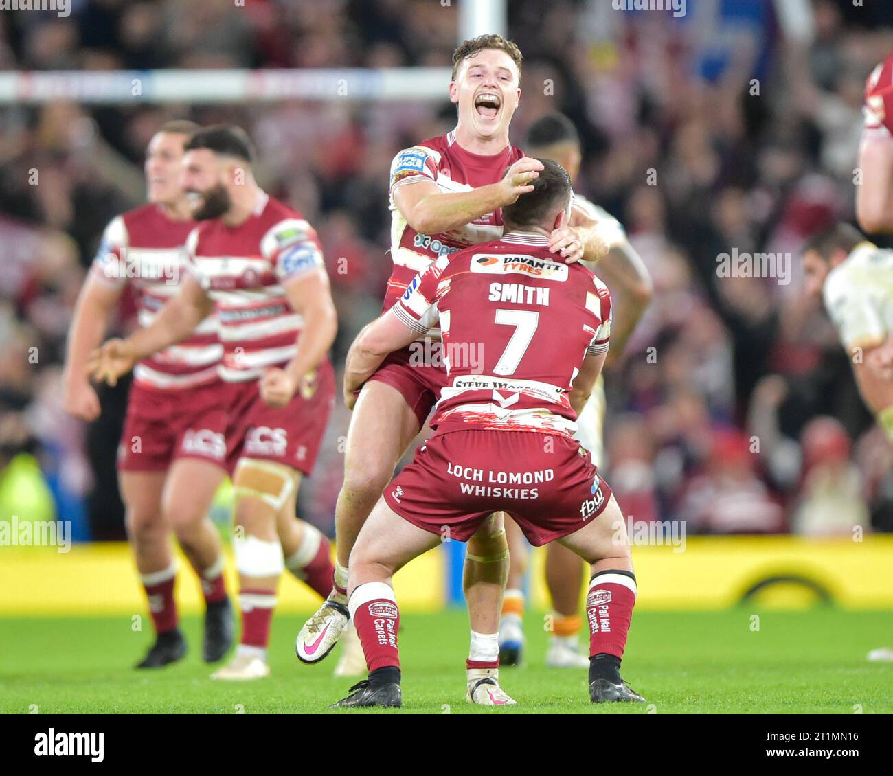 Jai Field #1 of Wigan Warriors and Harry Smith #7 of Wigan Warriors ...