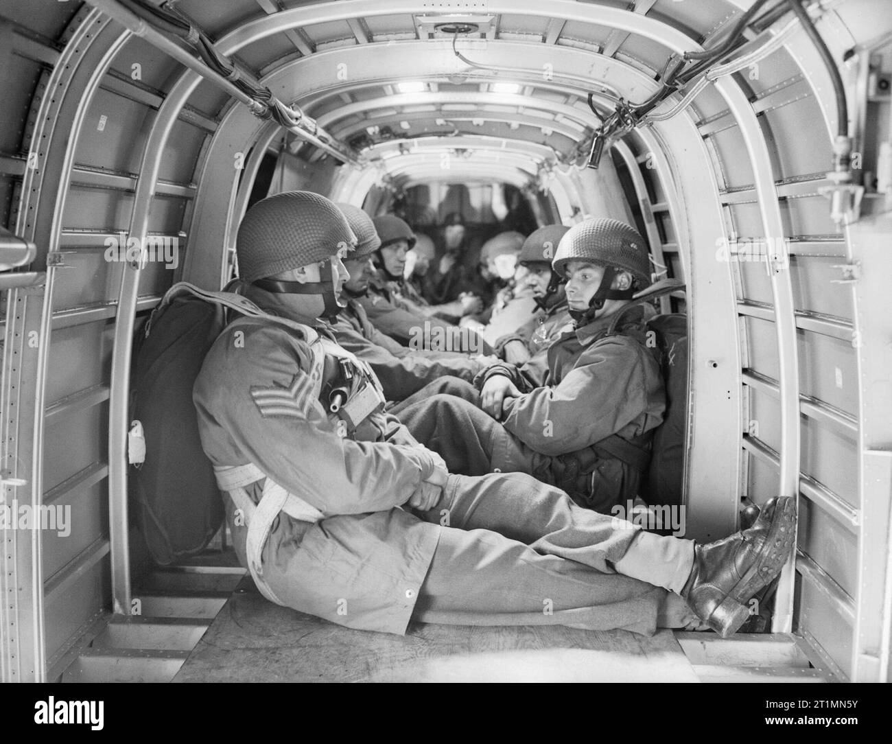 Paratroopers inside the fuselage of a Whitley aircraft at RAF Ringway ...