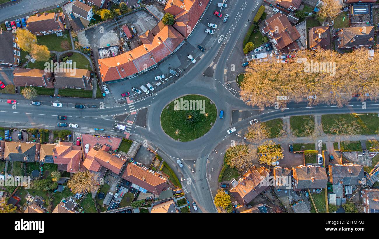 An aerial view of Green End Roundabout, Burnage, Manchester Stock Photo - Alamy