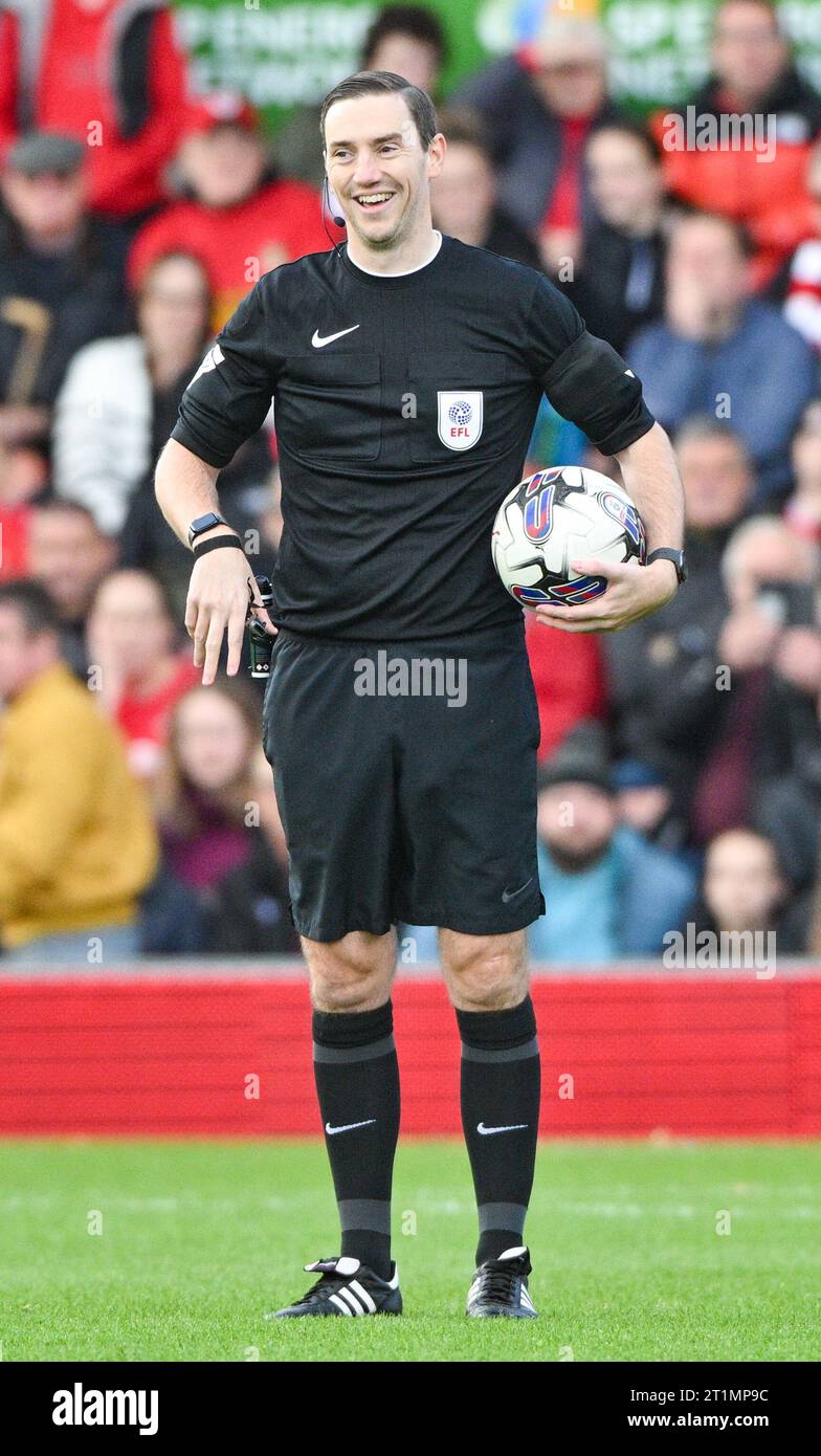 Referee Ben Toner, during the Sky Bet League 2 match Wrexham vs Salford ...