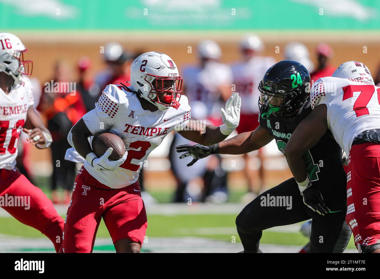 October 14, 2023:.Temple Owls running back Edward Saydee (2) stiff arms ...