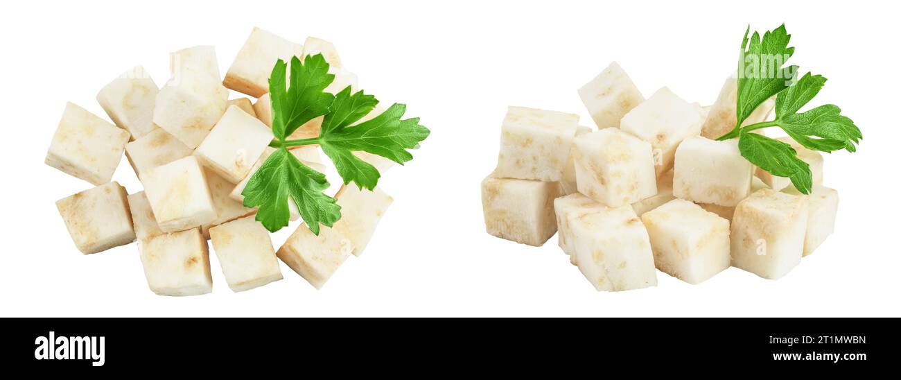 diced celery root with leaf isolated on white background. Top view ...