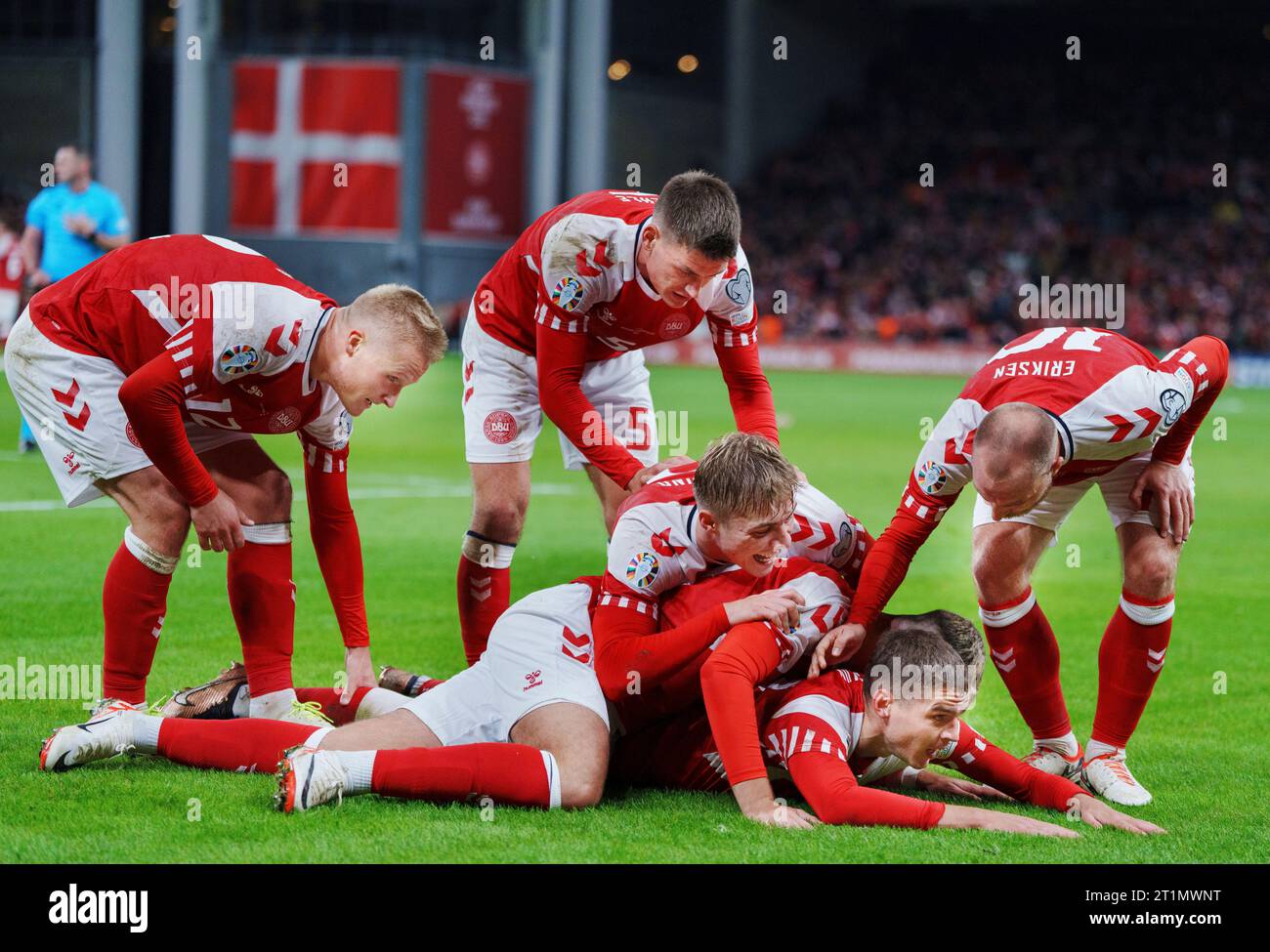 Denmark's Robert Skov scores 2-0 and celebrates with Kasper Dolberg ...