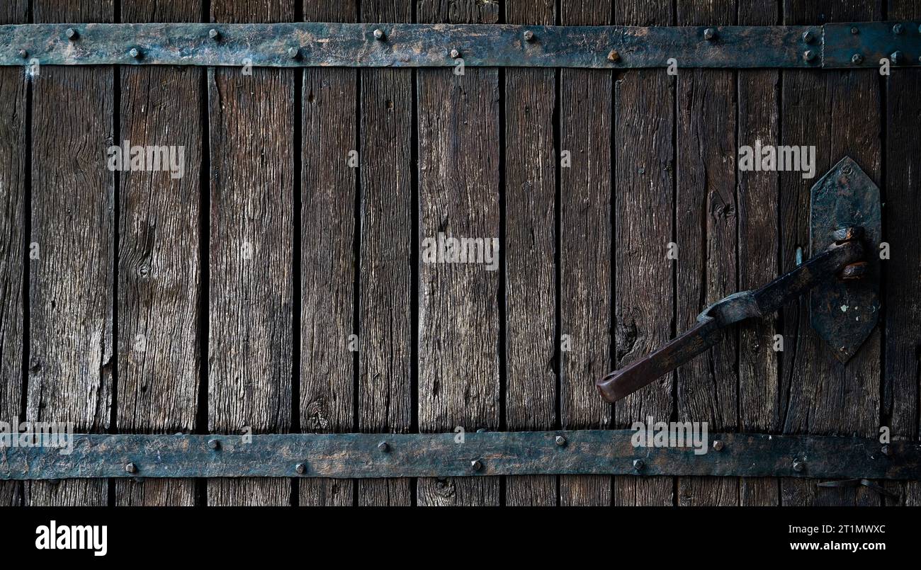 Old rotten wormy ancient oak door and metal parts, old wooden textured ...