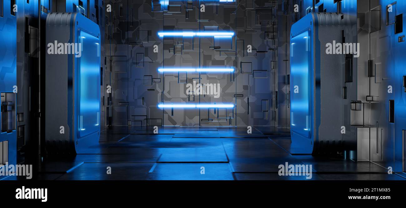 Hangar. Garage. Metal. Showroom. Neon Laser. Led lights. Futuristic ...