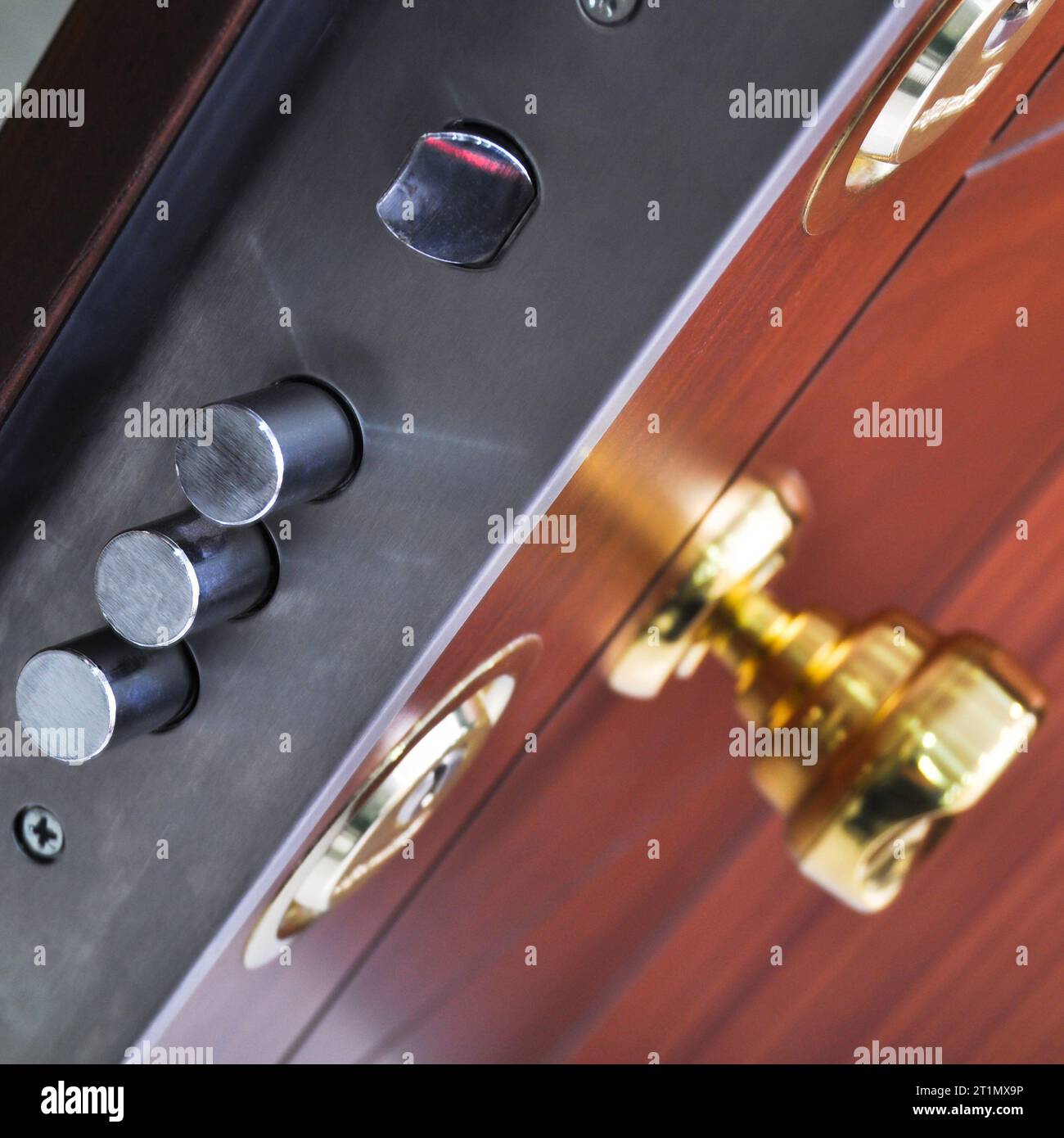 Modern wooden looking front door, security lock system, steel door ...