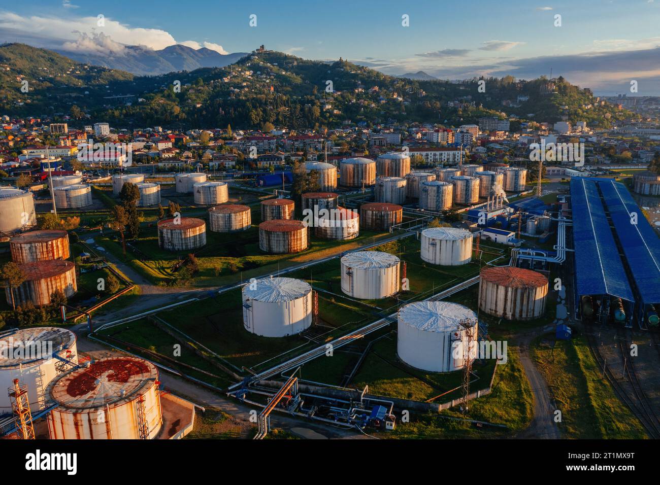 Oil or petroleum storage tanks, aerial drone view Stock Photo - Alamy