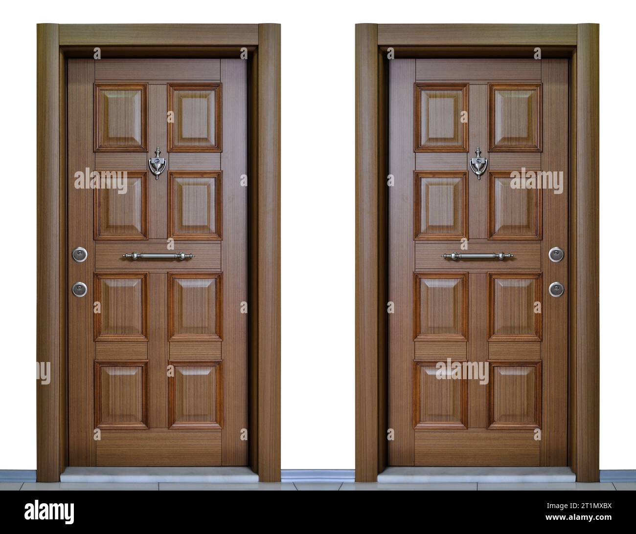 Modern wooden looking front two door, very sturdy steel door Stock ...