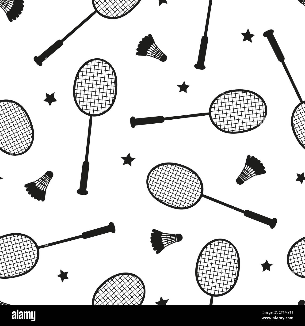 Seamless badminton pattern with rackets and shuttlecocks. Vector black ...